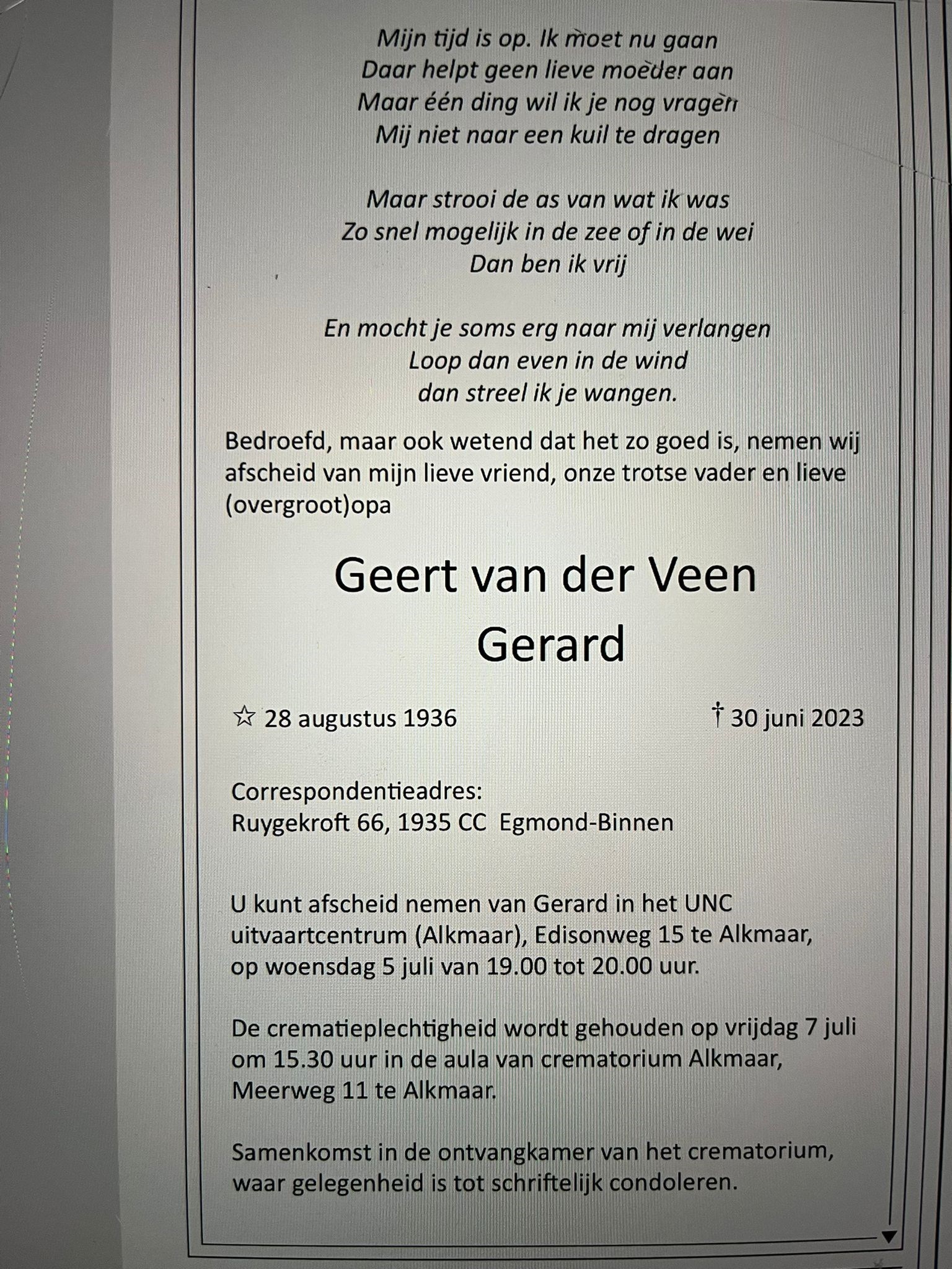 Gerard (Geert) van der Veen overleden - v. v. Alkmaarsche Boys