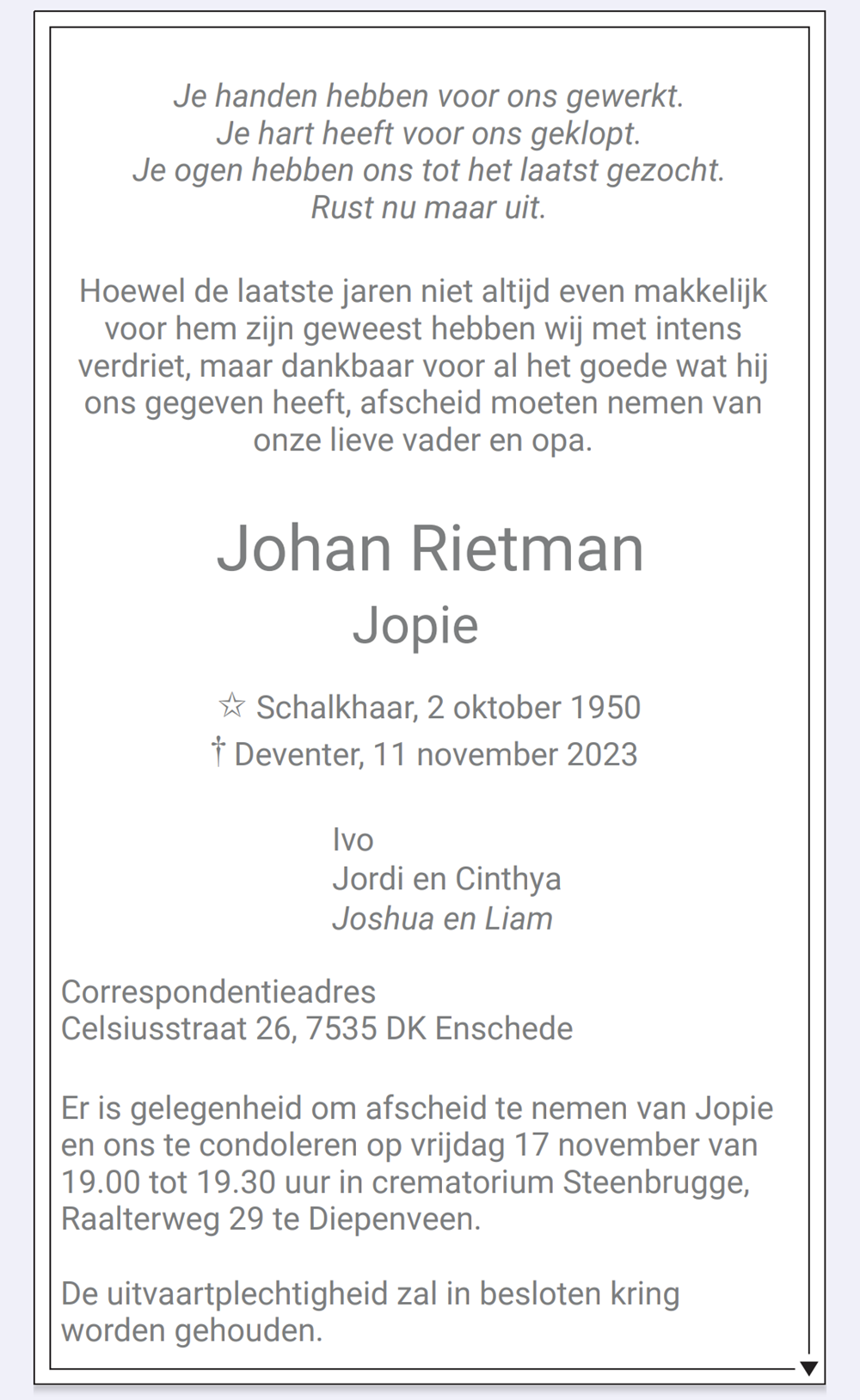 Overlijden Jopie Rietman - sv Colmschate '33