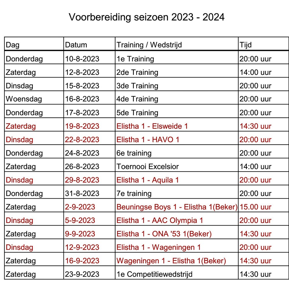 Voorbereiding Elistha 1 seizoen 2023-2024 VERSIE 3 (incl bekerprogramma) - Elistha