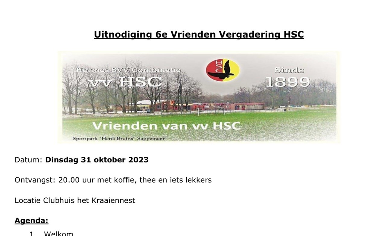 Uitnodiging 6e vrienden vergadering HSC. - vv HSC