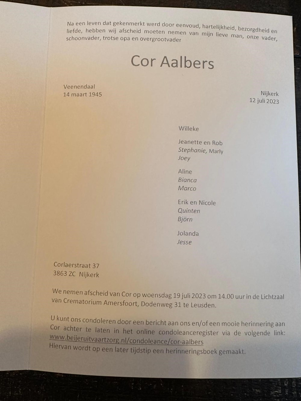 Oud voorzitter Cor Aalbers overleden (rouwkaart) - v.v. Renswoude