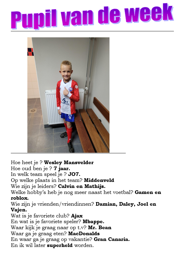 Pupil van de week: Wesley Mansvelder - v.v. Roda Boys