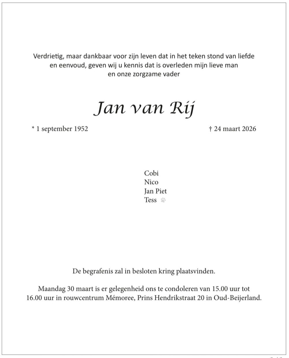 Rouwkaart Jan van Rij - Voetbalvereniging SHO (Steeds Hooger Oud ...