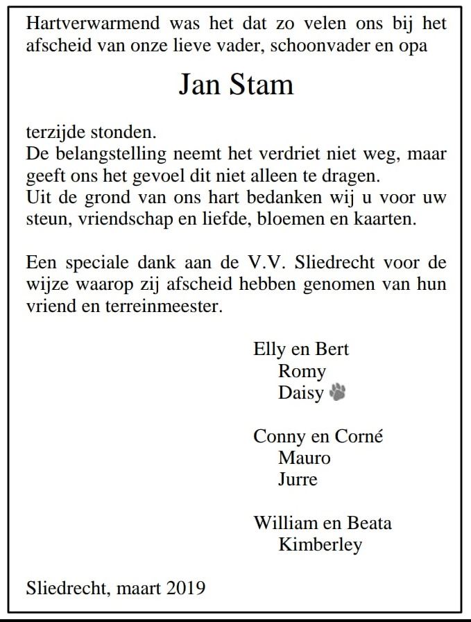 Dankbetuiging familie Stam - VV Sliedrecht