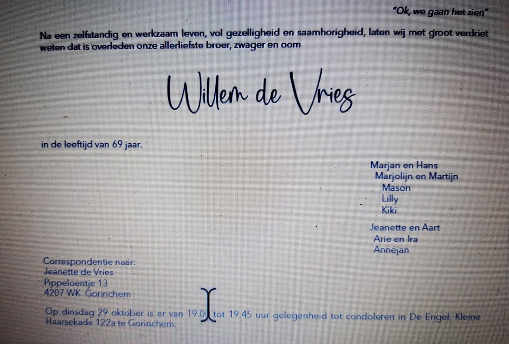 Bericht van overlijden Wim de Vries - SteDoCo