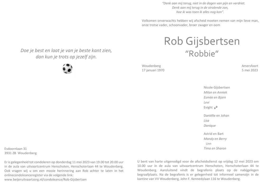 Condoleren en begrafenis Rob Gijsbertsen - v.v. Woudenberg