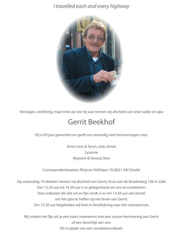 Rouwkaart Gerrit Beekhof - Sportvereniging Zalk