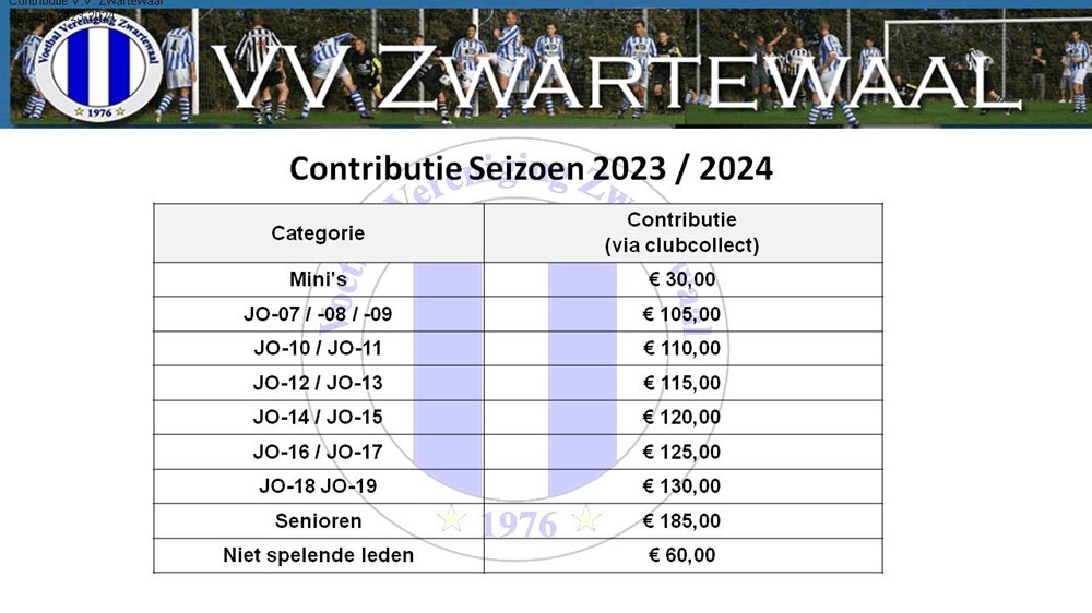 Contributie 2023 / 2024 - vv Zwartewaal