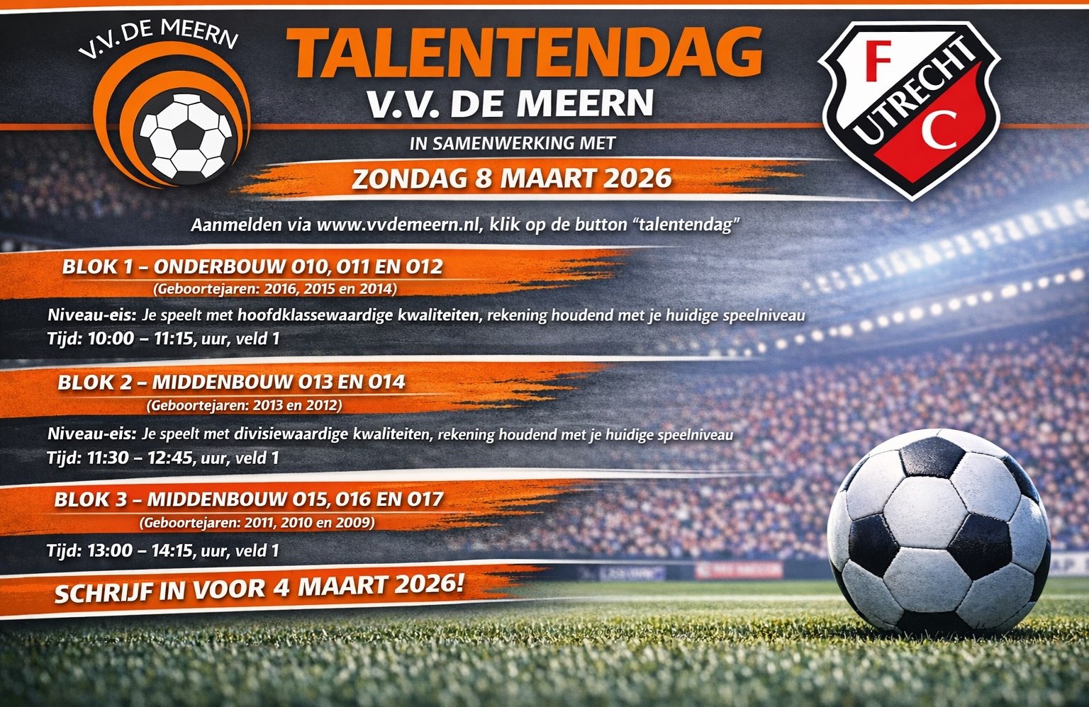 V.V. De Meern & FC Utrecht presenteren Talentendag 2026
